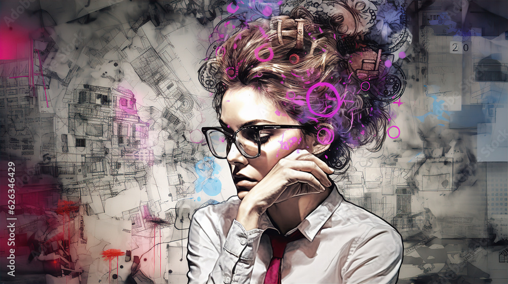 Beautiful young woman thinking. Hand drawing Woman with lots of details ...