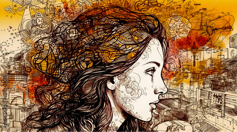 Beautiful young woman thinking. Hand drawing Woman with lots of details ...