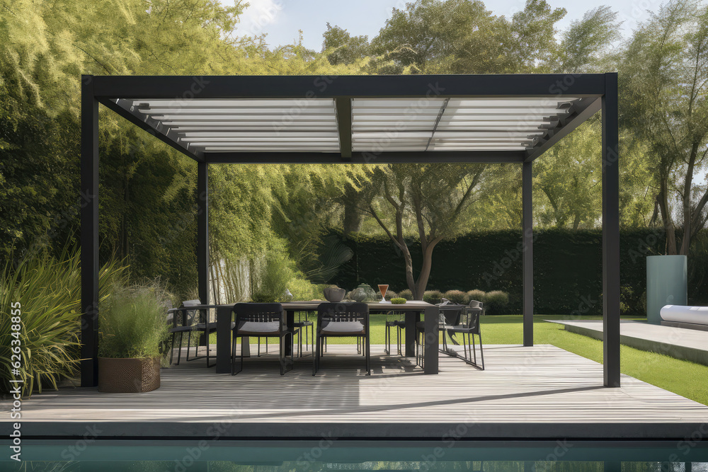 Modern black bio climatic pergola with top view on an outdoor patio ...