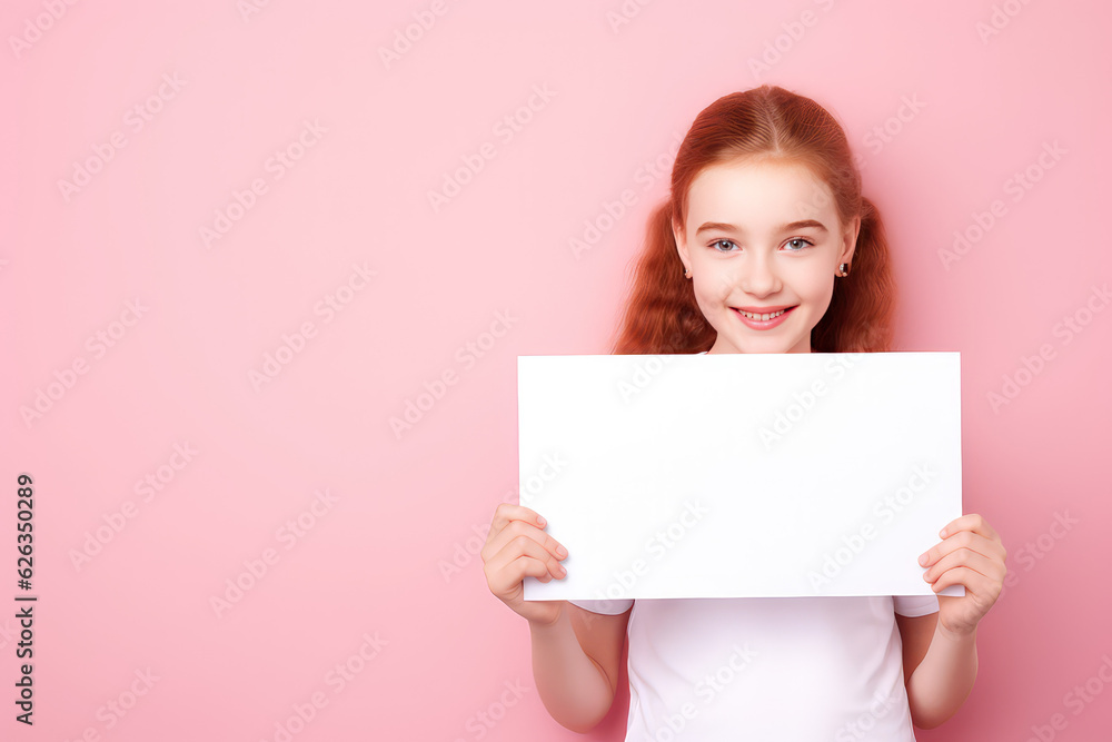 Cute young school girl standing with a blank white placeholder sign ...