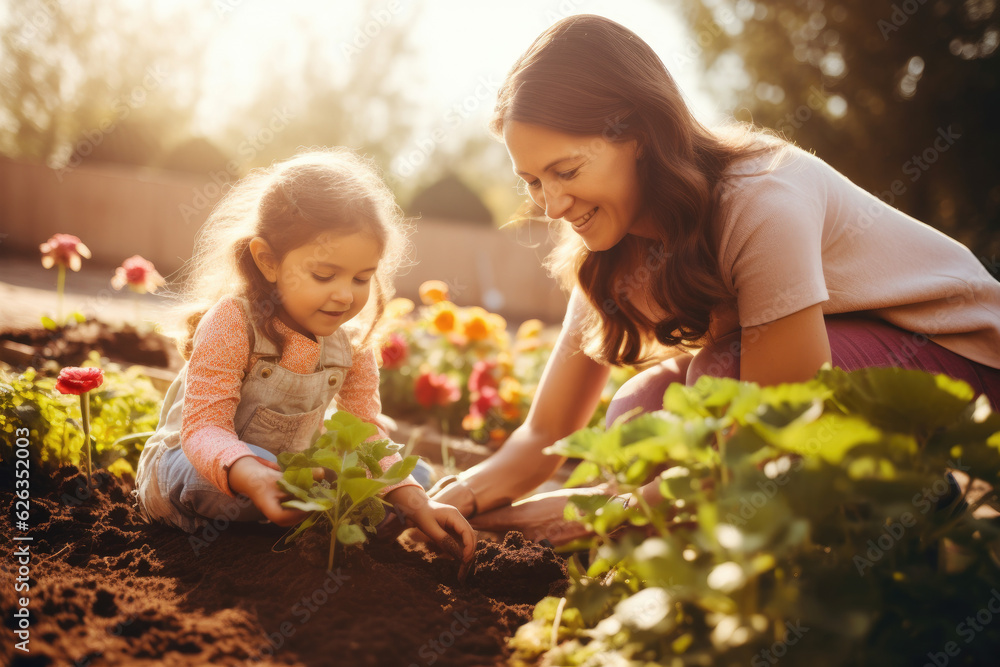 Mother and young daughter gardening together, bonding while planting ...