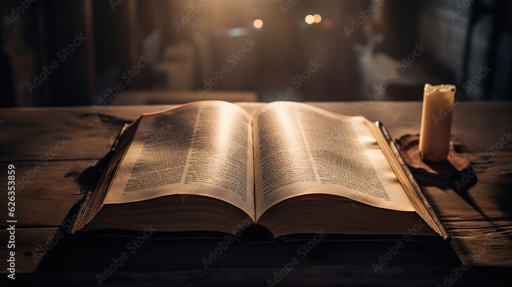 Open Christian book ,open bible with glowing lights, Generative AI ...