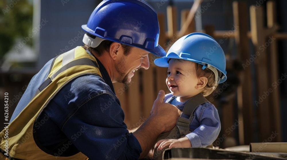 Foto de Father and little son playing realistic construction workers in ...