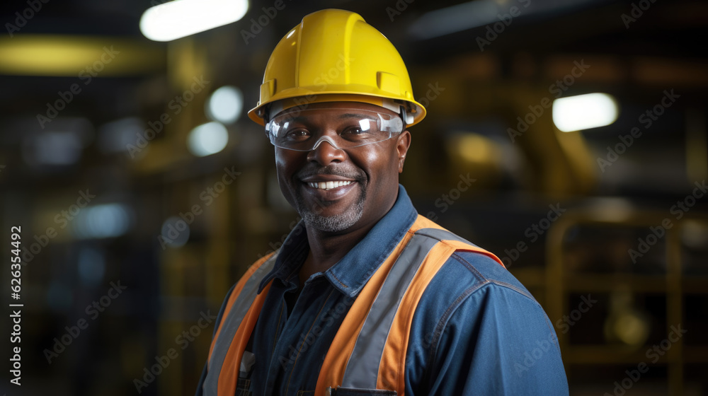 Factory worker wearing a safety helmet in the background of a ...