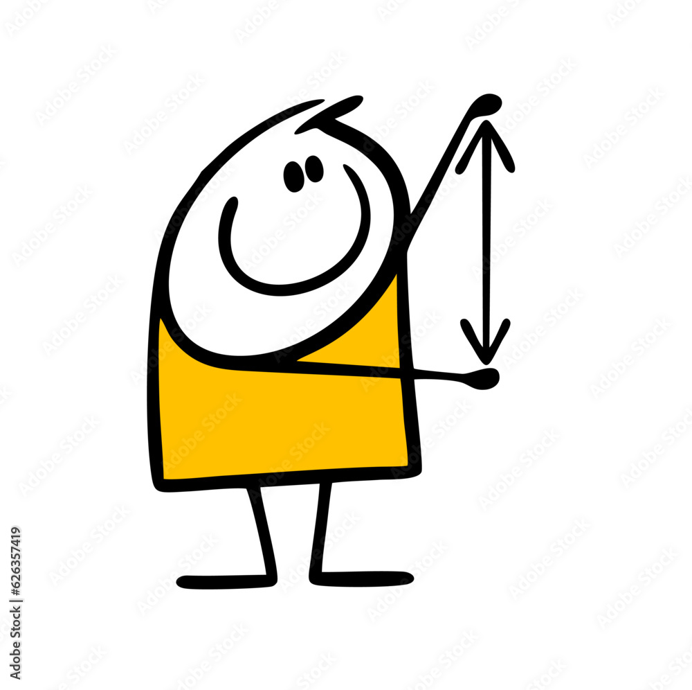 Cartoon stickman boy shows us the height and size of the object. Vector ...