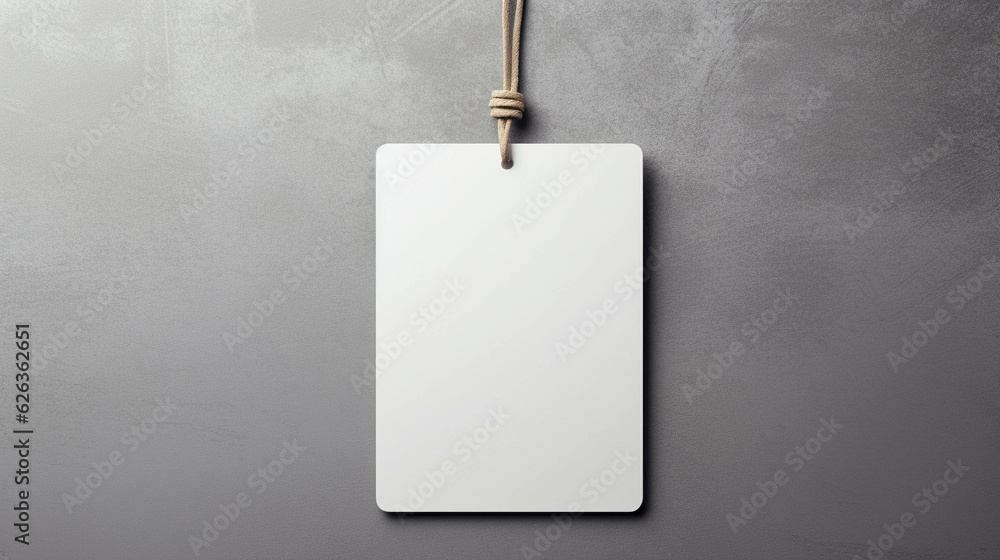 Empty layout on grey background. Common blank label name tag hanging on ...