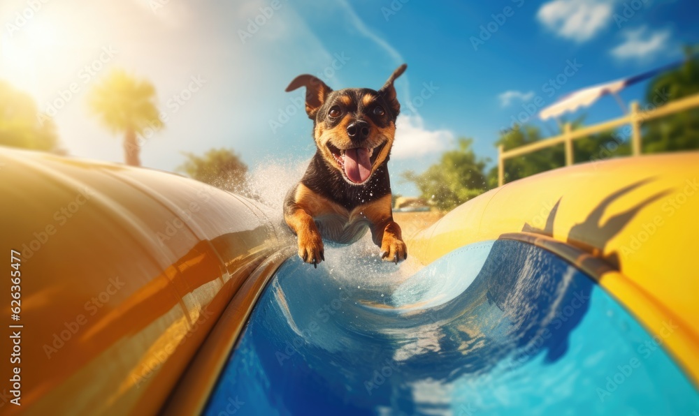 Illustration of a happy dog riding a slide in a water park. Dog having ...