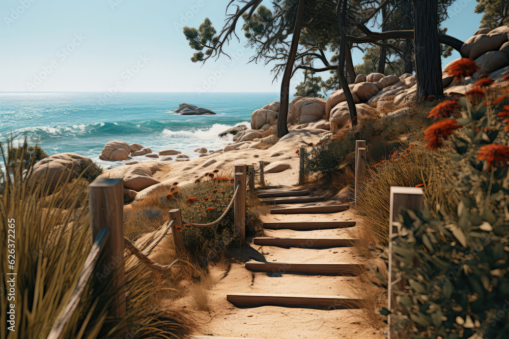 A coastal cliffside path leading to a secluded beach, with turquoise ...
