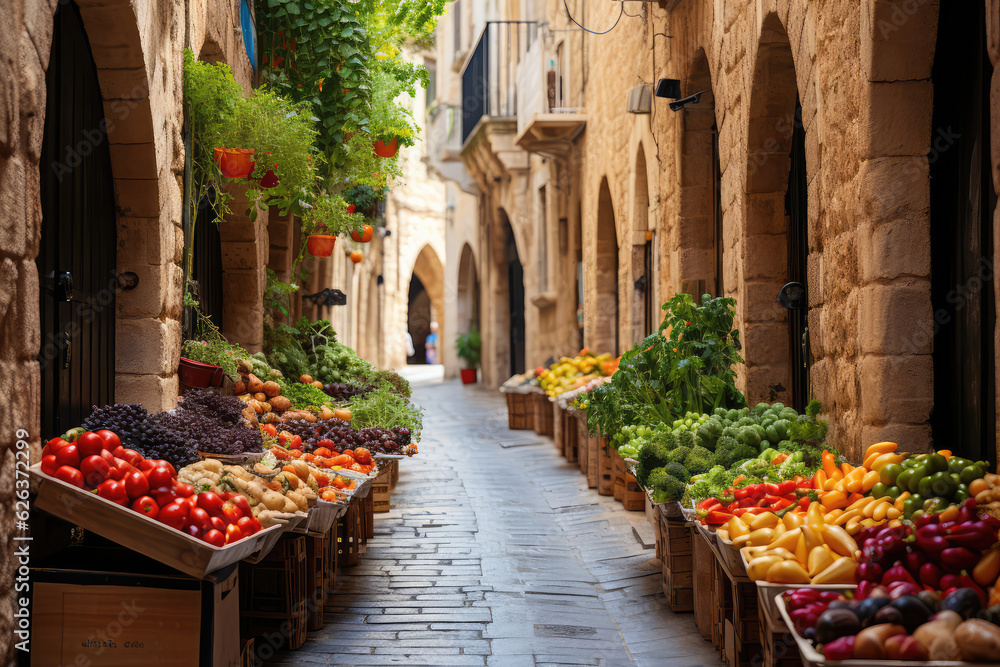 A vibrant street market in a tropical city, with colorful stalls filled ...