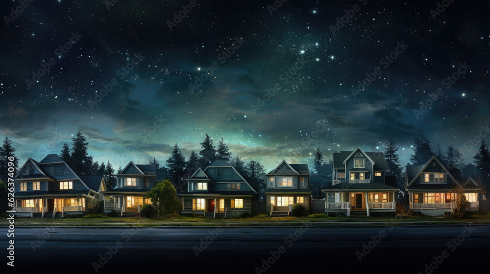 Row of classic family houses facades at night. Suburban neighborhood ...