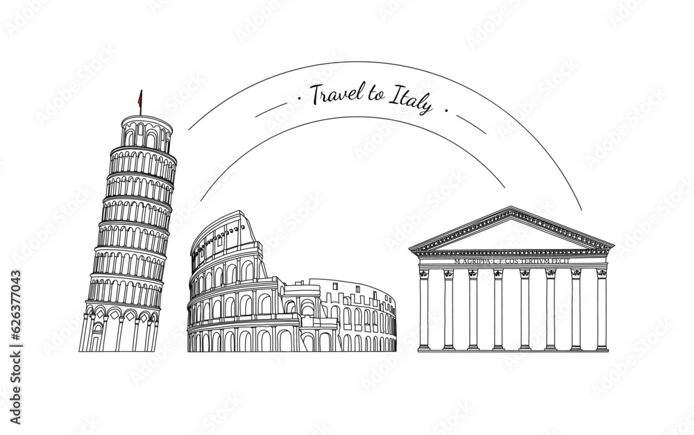 Hand-drawn lines of the Leaning Tower of Pisa, Colosseum, Pantheon on ...