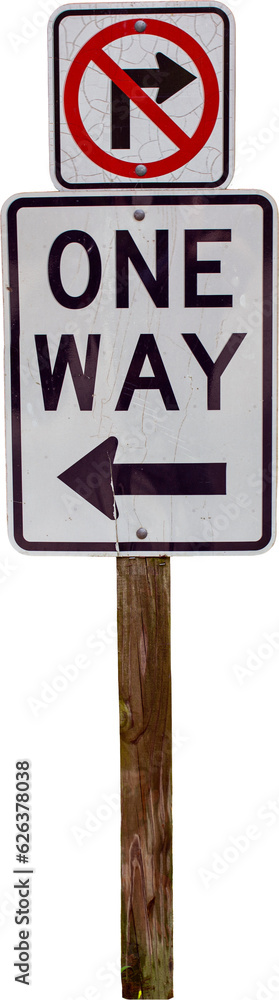 One way sign directing traffic left, no right turn on top, transparent ...