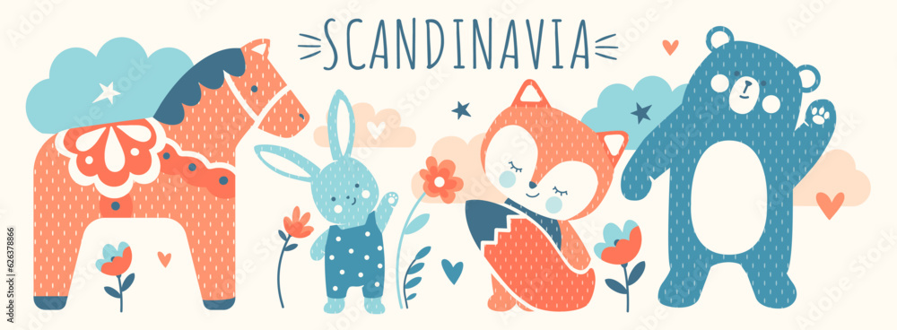Cute, doodle and fun Scandinavian animal set. Funny bear, adorable ...
