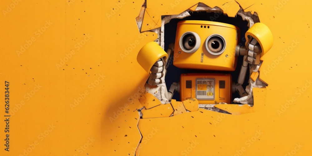Cute robot toy peeking out of a hole in wall, torn hole, empty copy ...
