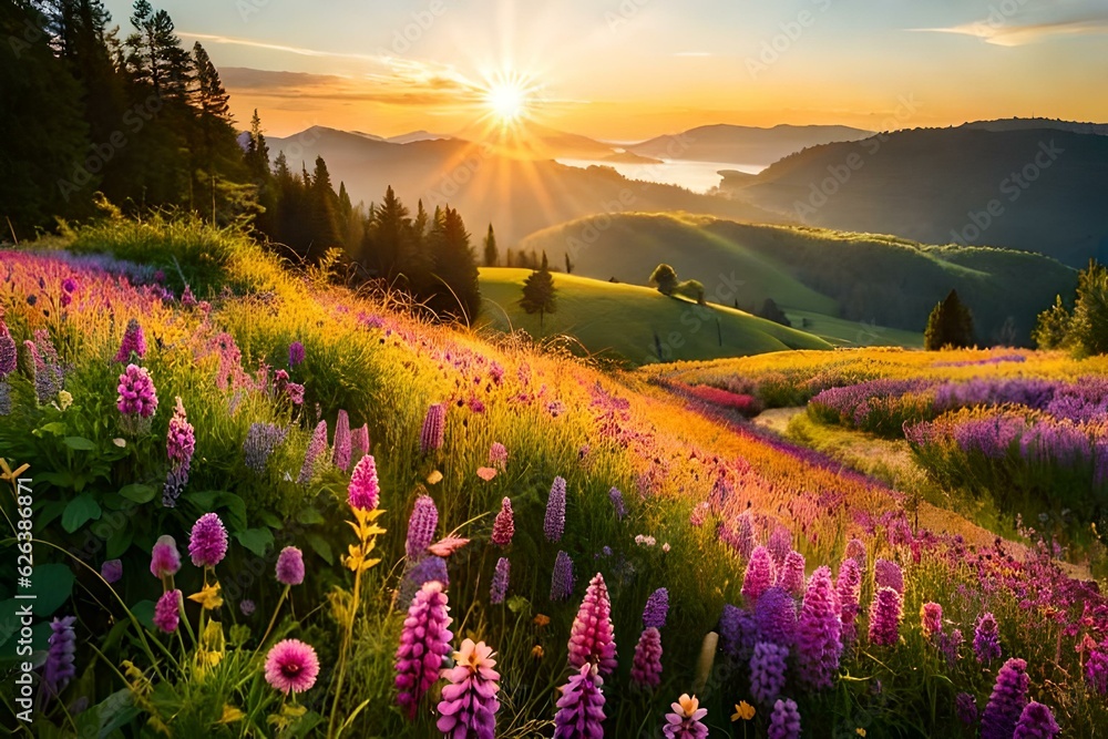 Colorful flower meadow with sunbeams and bokeh lights in summer - nature background banner with ...