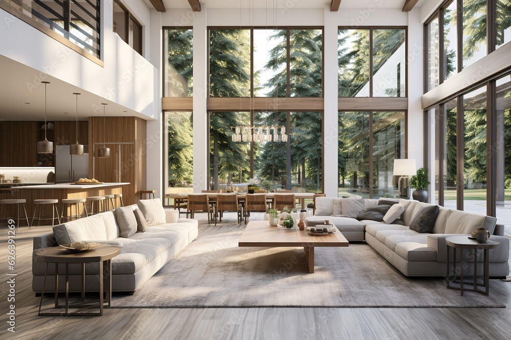 Serene living room interior in new luxury home with open concept floor ...