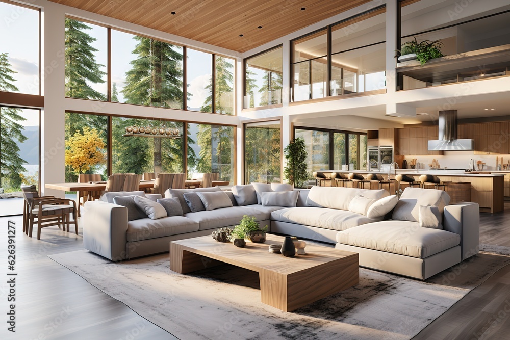 Serene living room interior in new luxury home with open concept floor ...