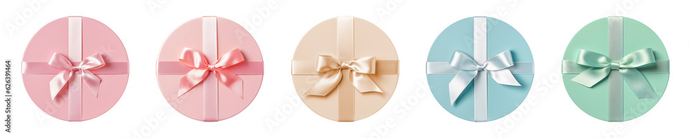 Pastel color round gift box with ribbon on transparent background ...