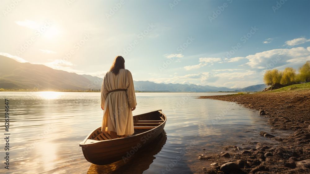 Jesus Christ is preaching in a boat. Christian religious background ...