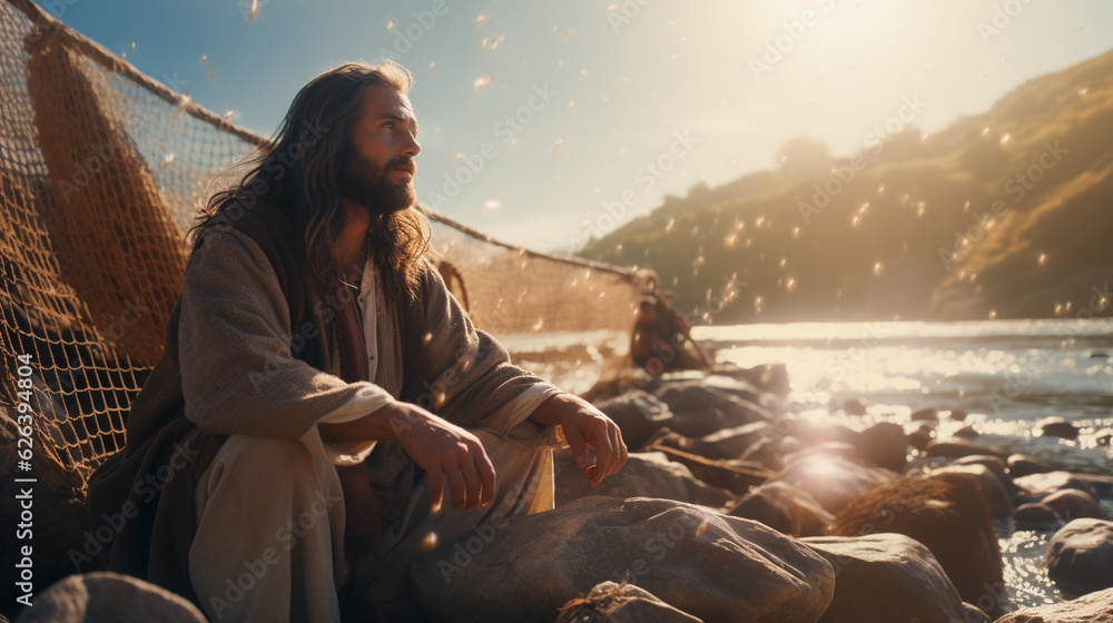 Jesus Christ is fishing with fishermen. Christian religious background ...