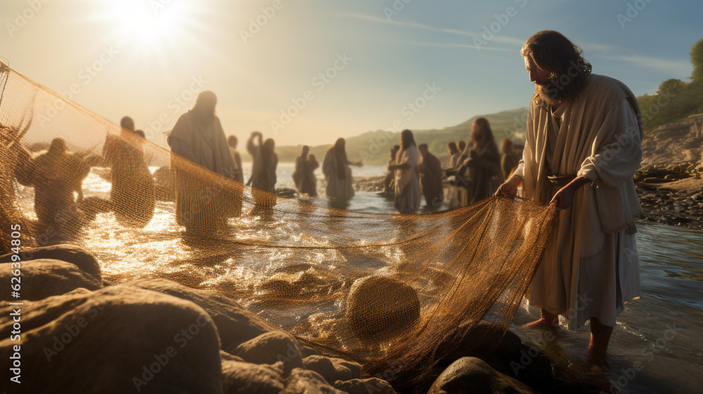 Jesus Christ is fishing with fishermen. Christian religious background ...