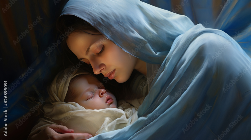 Christmas. The Virgin Mary with the infant Jesus Christ. Christian ...