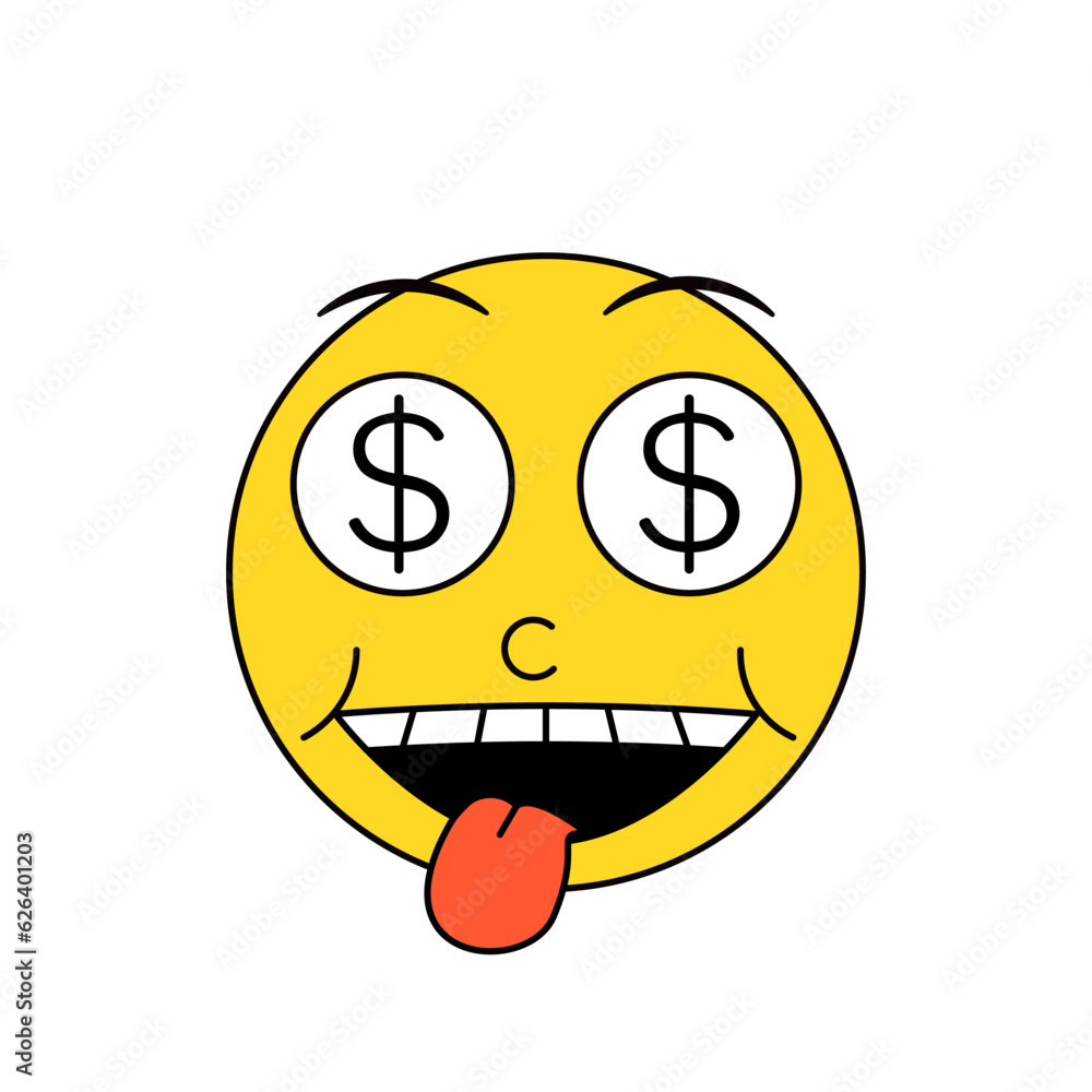 Vintage retro cute emoticon hypnotized with money. Vector smiley emoji ...