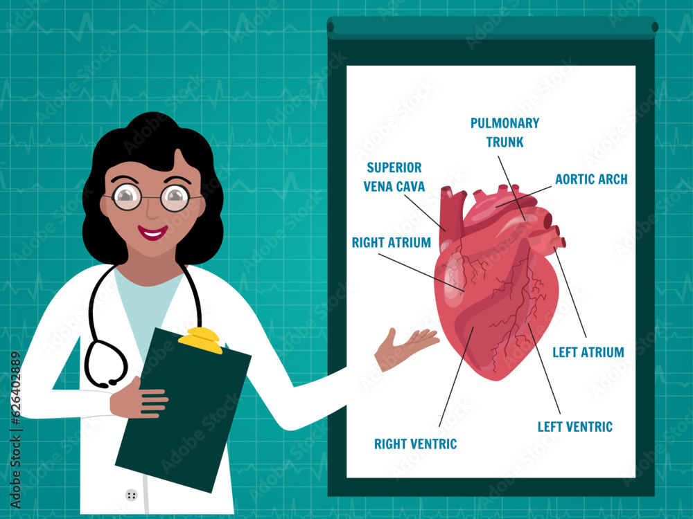 Doctor cardiologist with big tablet and heart infographic background in ...