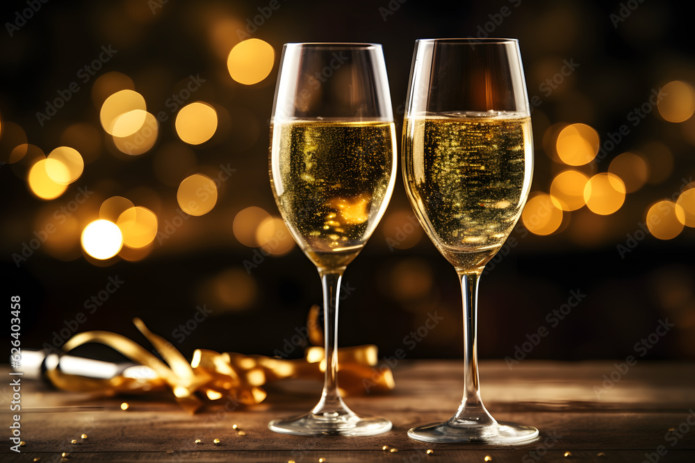 An elegant and celebratory scene, with crystal champagne flutes filled ...