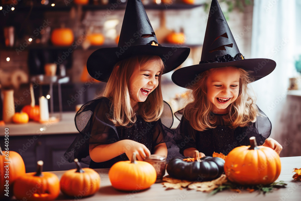 Halloween tradition: children in witch costumes and pumpkin lanterns ...