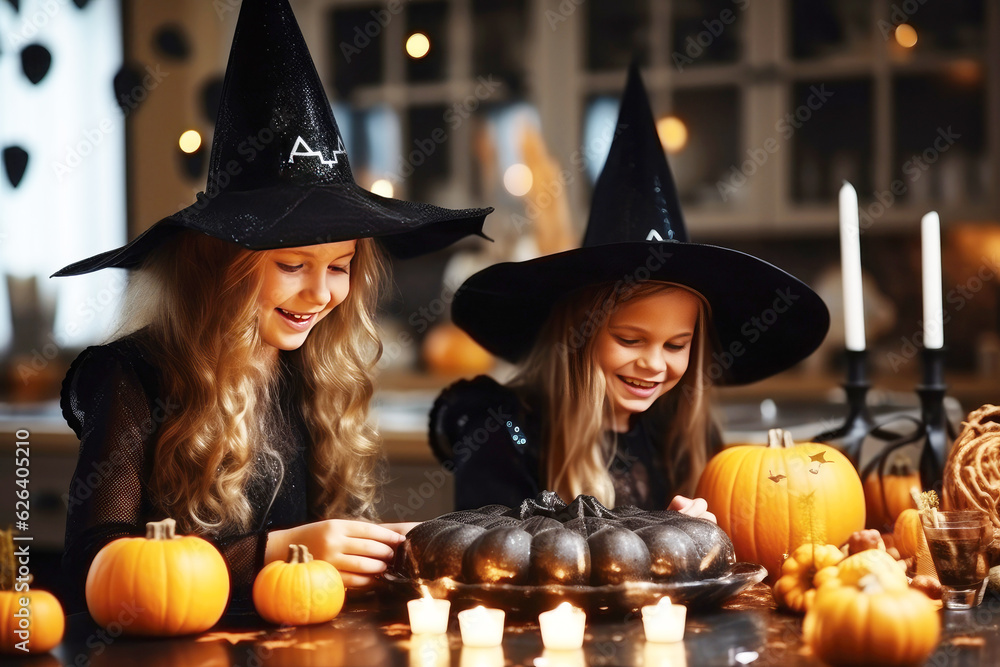 Cute little witches: children's halloween costume party Stock Photo ...