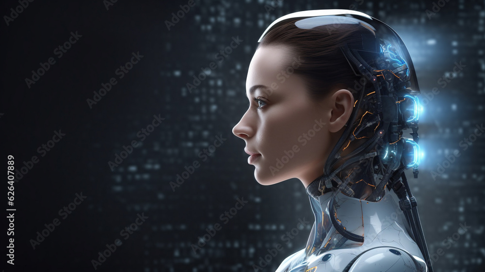 a young woman half-robot or a humanoid android with artificial ...