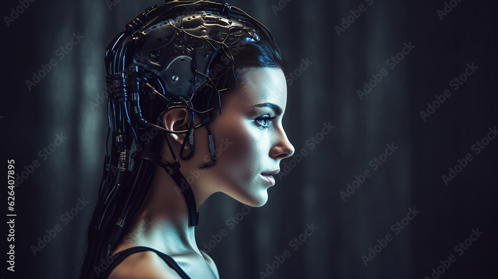 a young woman half-robot or a humanoid android with artificial ...