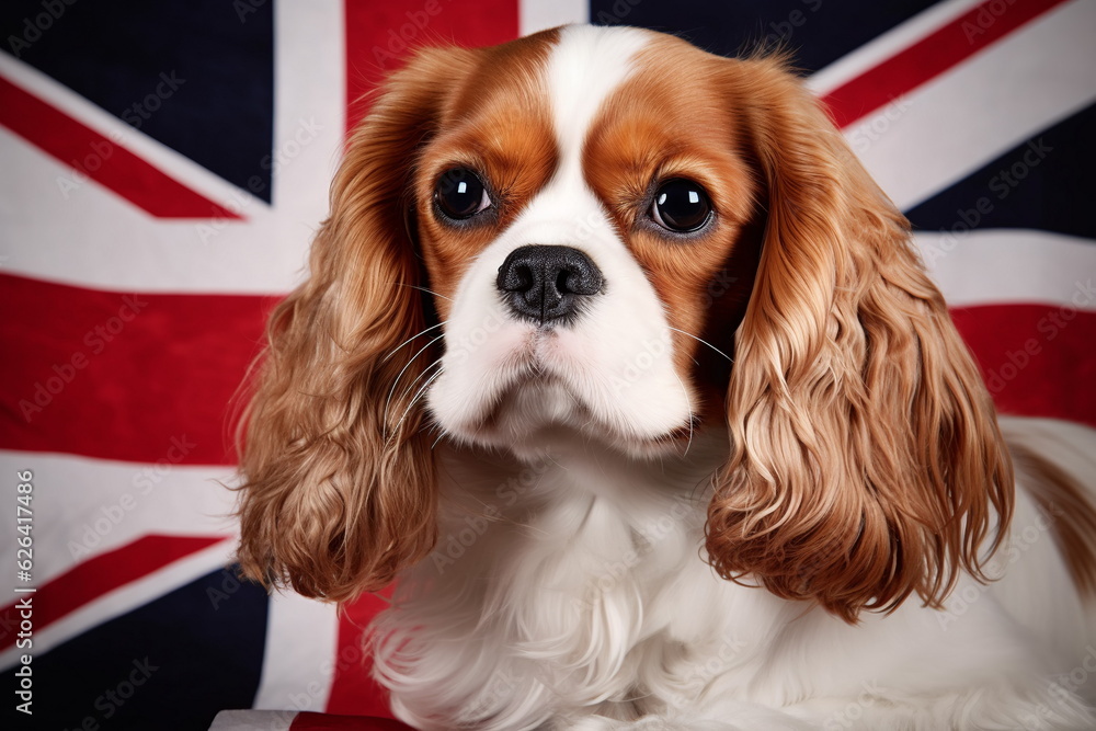 Cavalier king charles spaniel dog on union jack flag background ...