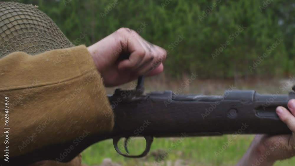 World War 1 British soldier repeatedly firing bolt action rifle on the ...