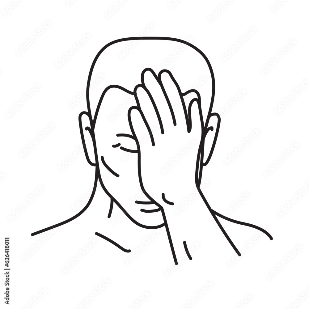 Mono line illustration of a facepalm with man placing hand across face ...