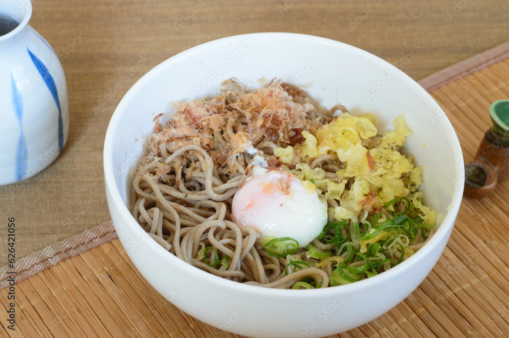 Bukkake soba is Japanese chilled buckwheat noodles, served with a soy-based broth and toppings ...