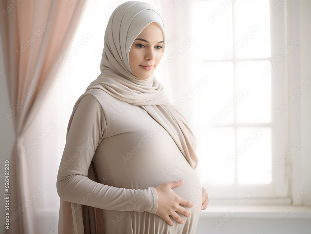 Pregnant muslim woman in gray dress holding hands on belly on blurred ...