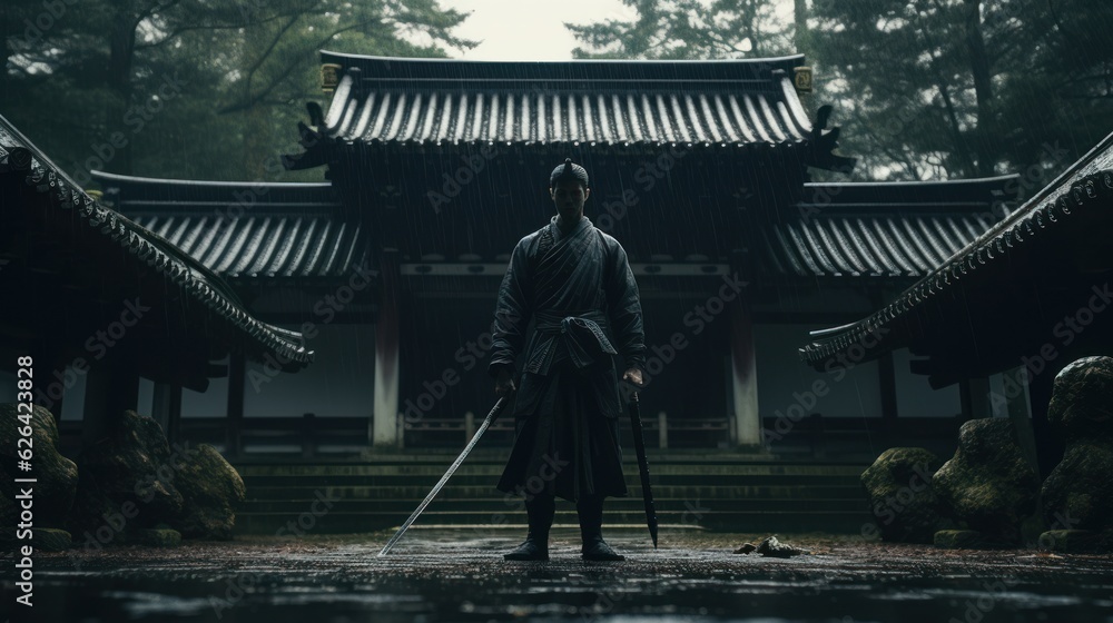 a epic samurai with a weapon sword standing in front of a old japanese ...