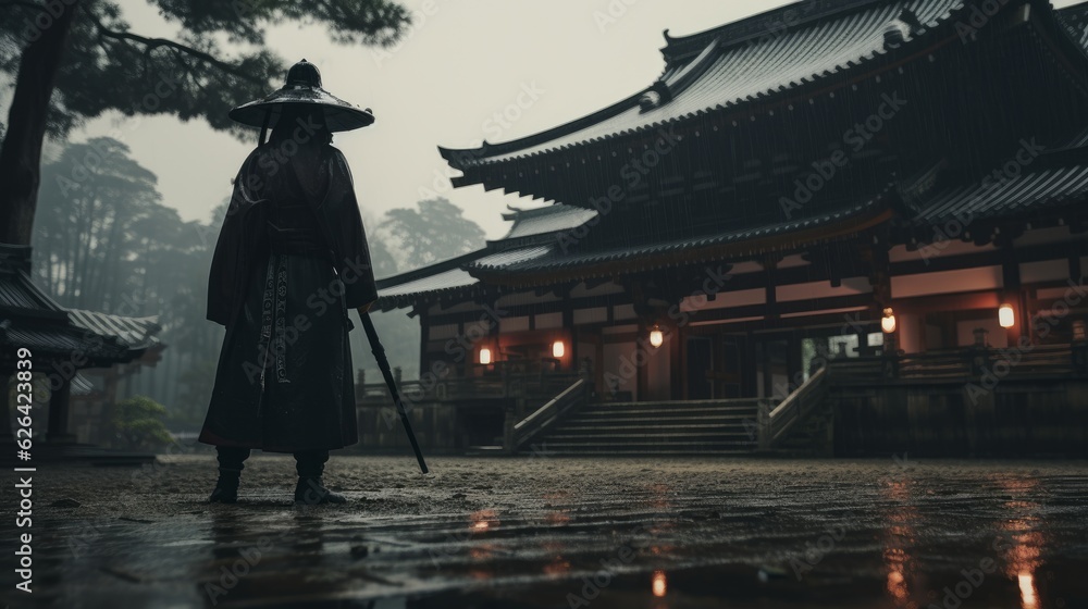 a epic samurai with a weapon sword standing in front of a old japanese ...