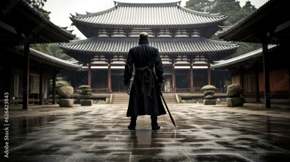 a epic samurai with a weapon sword standing in front of a old japanese ...