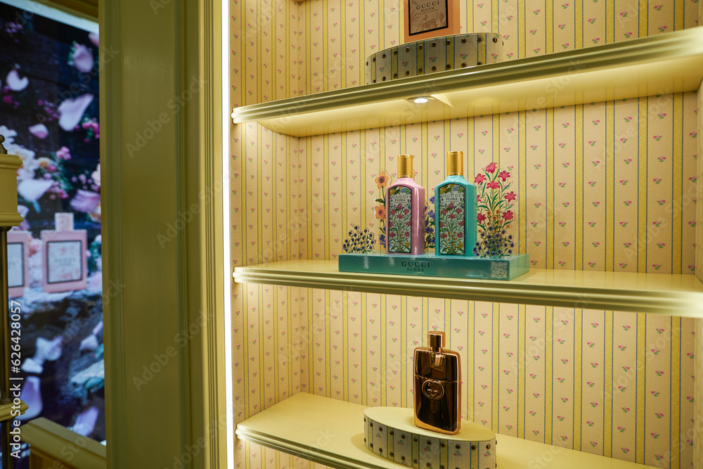 KUALA LUMPUR, MALAYSIA - CIRCA MAY, 2023: goods on display at Gucci ...