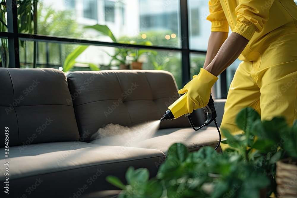 The cleaning staff is using cleaning products and disinfectant to wipe ...