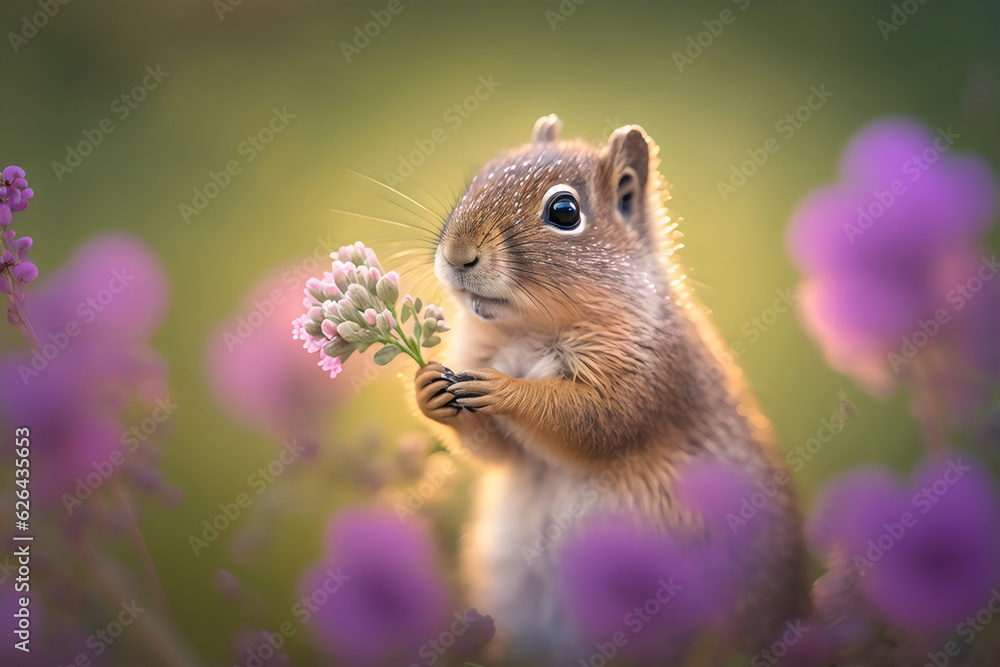 cute baby squirrel holding flower with bluer background. generative ai ...