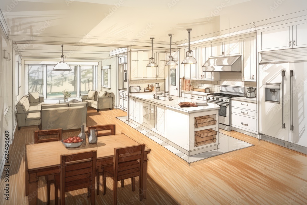 The kitchen plan illustration and the concept drawing of the room ...