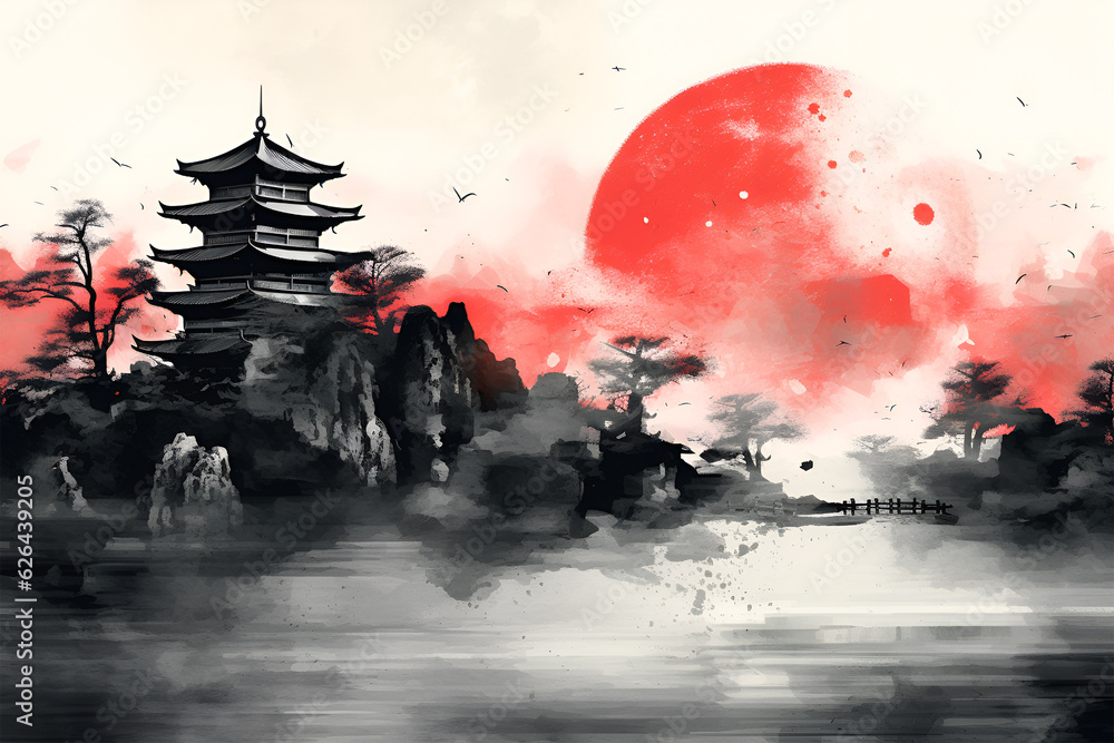 japanese castle in Chinese brush stroke calligraphy in black and grey ...