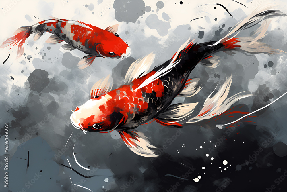 koi fish illustration in Chinese brush stroke calligraphy in black and ...