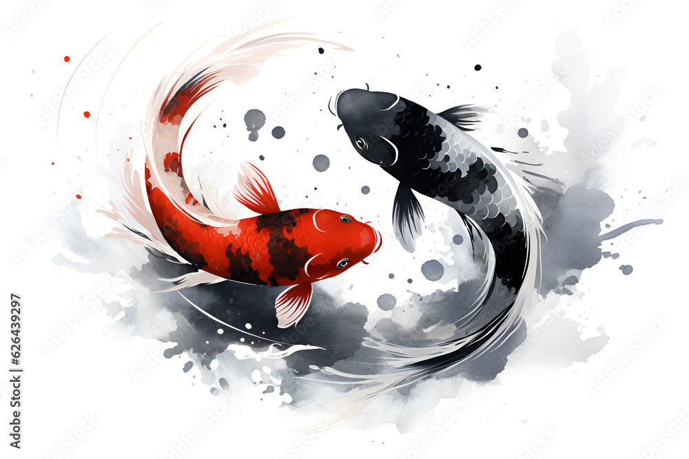 koi fish illustration in Chinese brush stroke calligraphy in black and ...