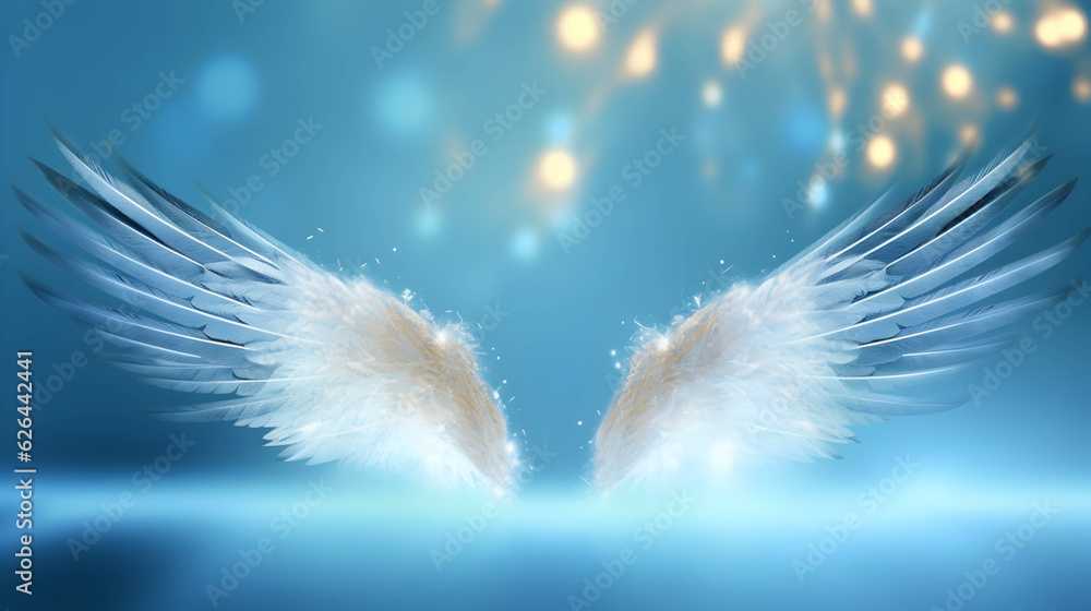 beautiful guardian angel wings in sacred light, background is blue sky ...
