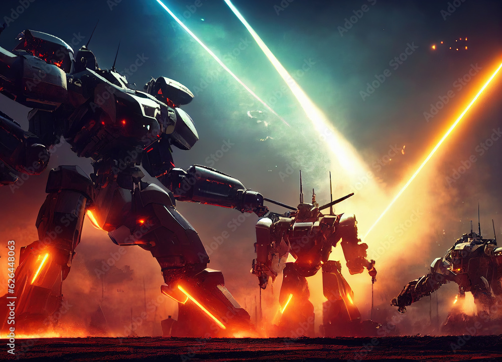 Ravishing and powerful mech warrior in advanced armor stand in combat ...